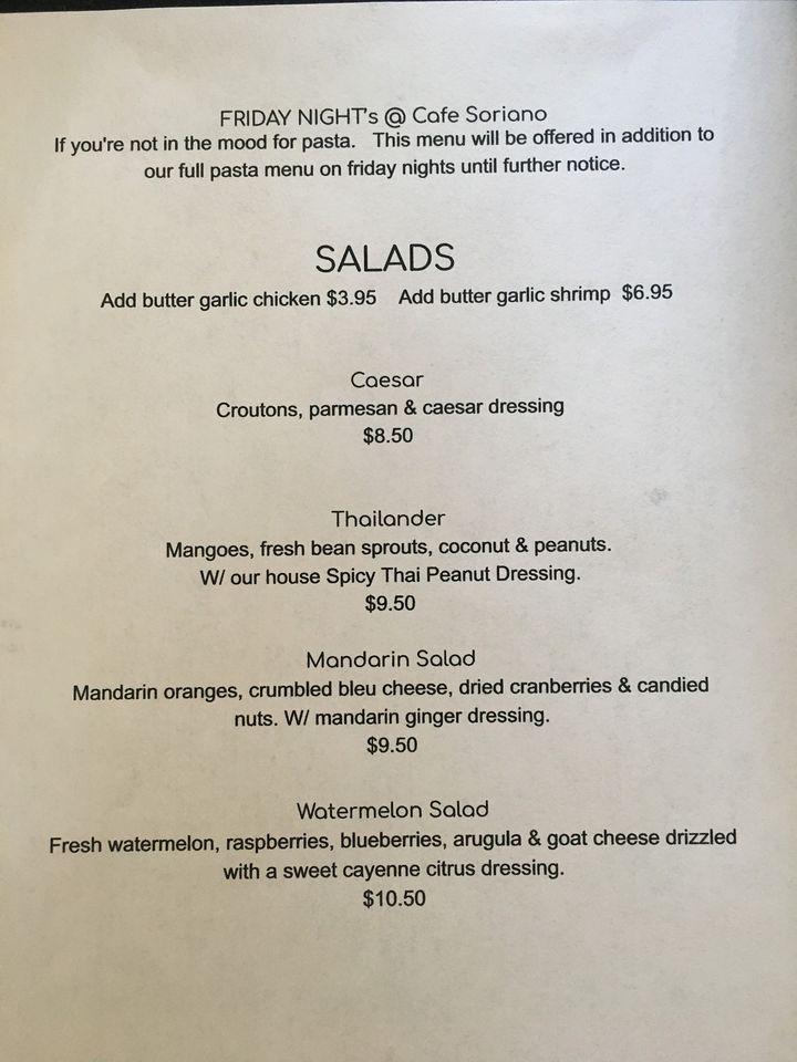 Menu at Cafe Soriano, Blakely