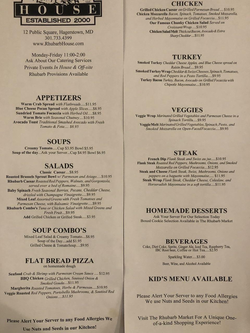 Menu at Rhubarb House, Hagerstown