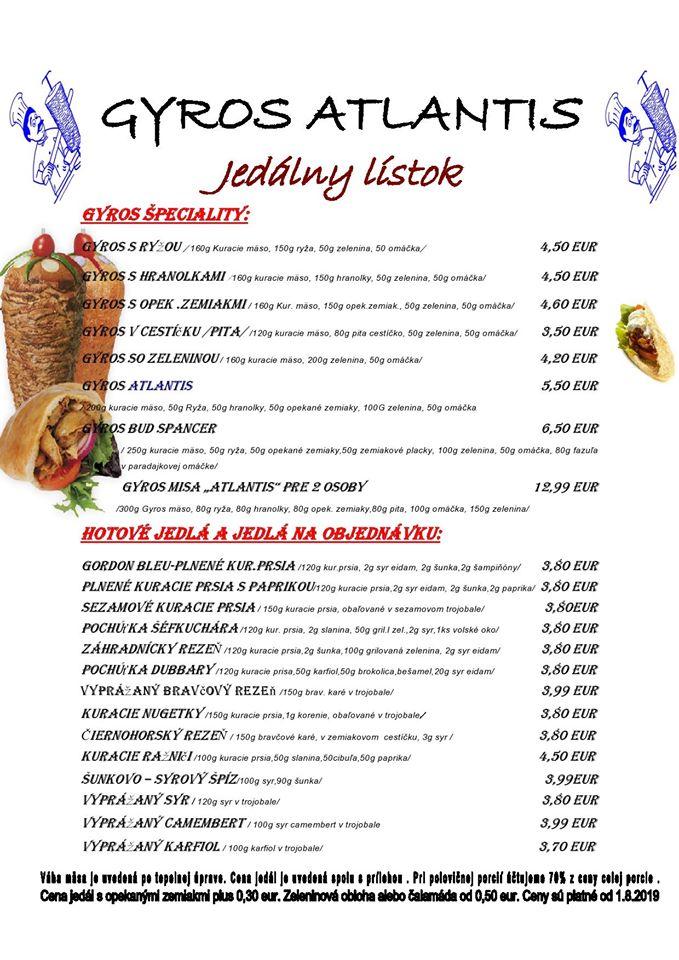 Menu at Atlantis restaurant, Dunajská Streda