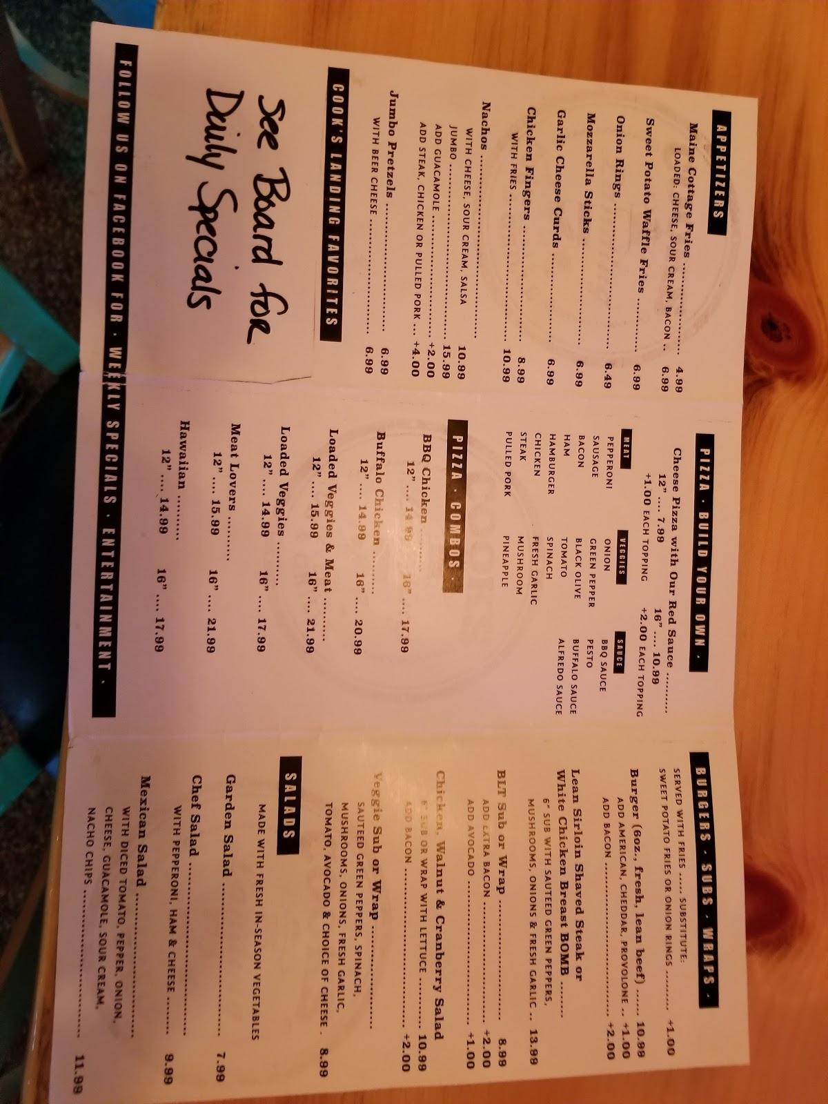 Menu at Cook's Landing Pizzeria & Pub, Edgecomb