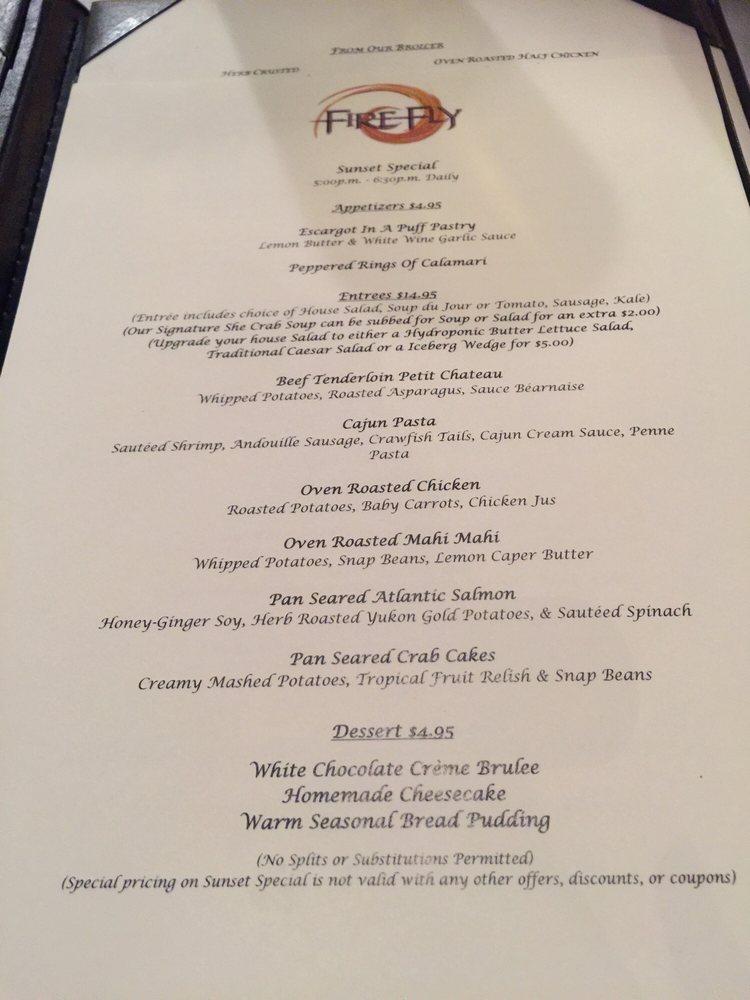 Menu at Firefly restaurant, Panama City Beach