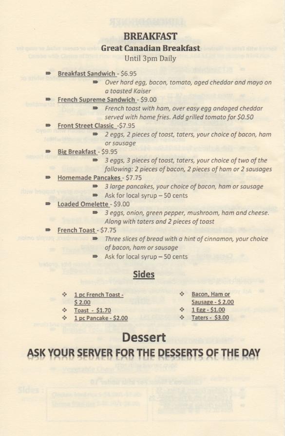 Menu at Front Street Cafe, Wolfville