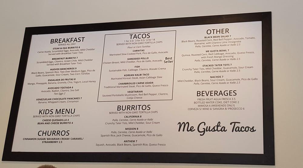 Menu at Me Gusta Tacos restaurant, Henderson, Village Walk Dr #153