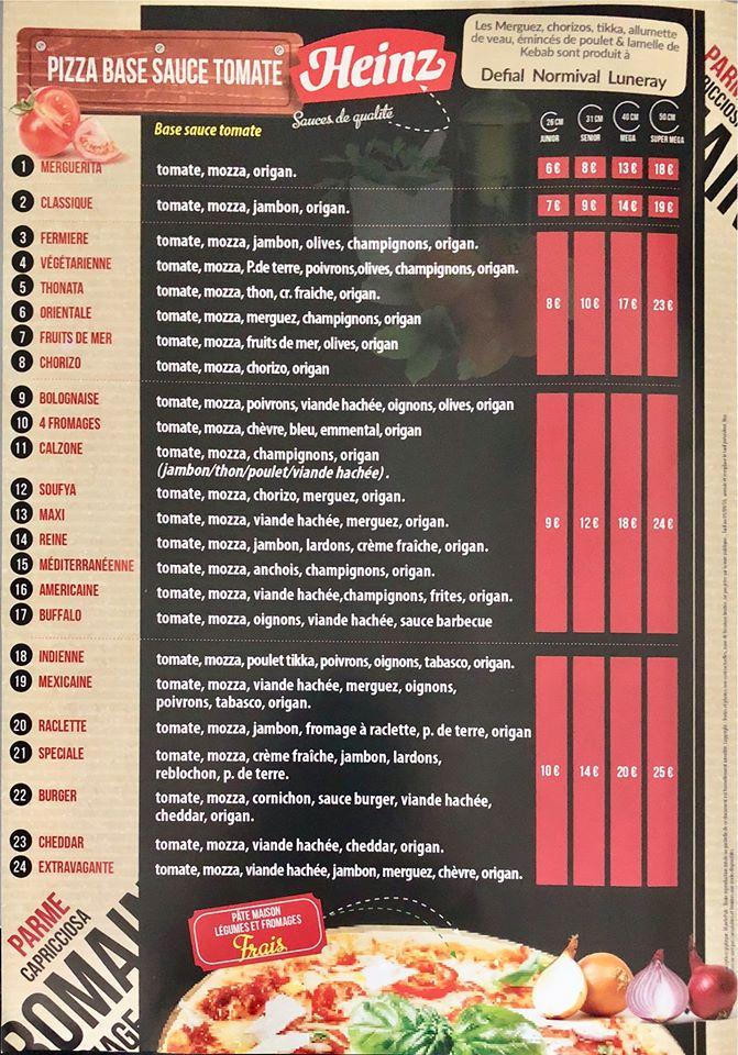 Menu au Pizzaland restaurant, Avremesnil
