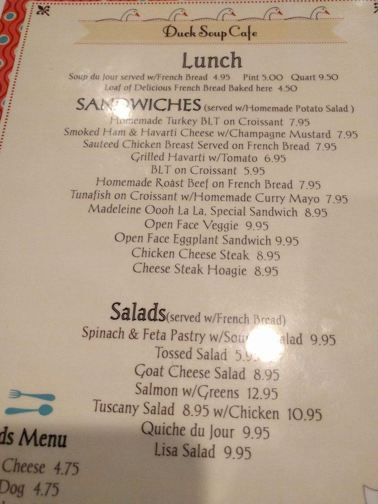 Menu at Duck Soup Cafe, New Hope