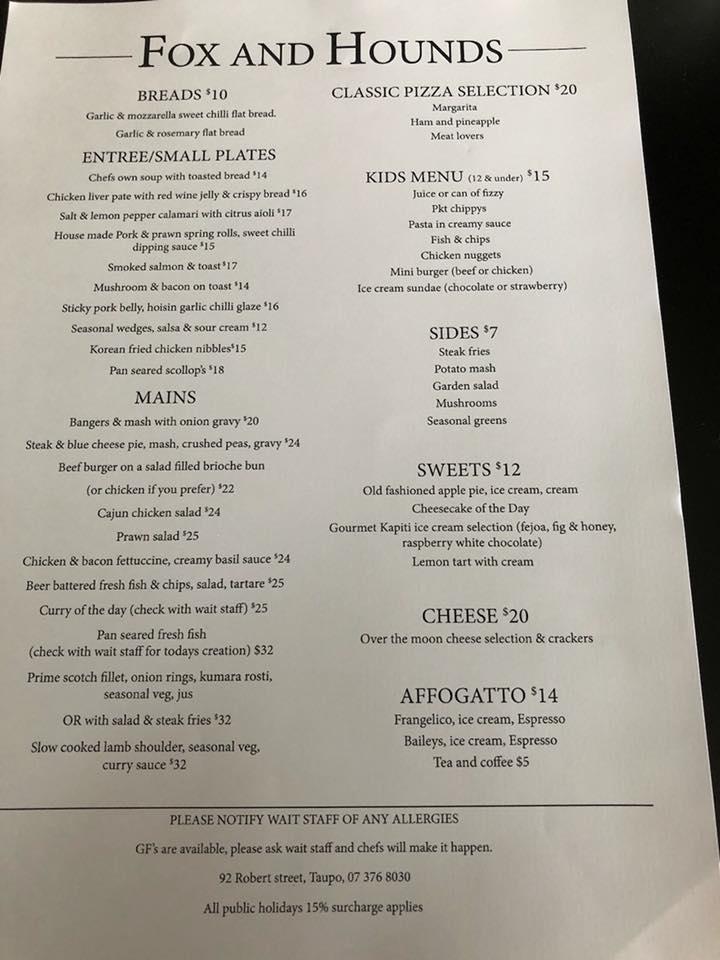 Menu at Fox & Hounds restaurant, Taupo