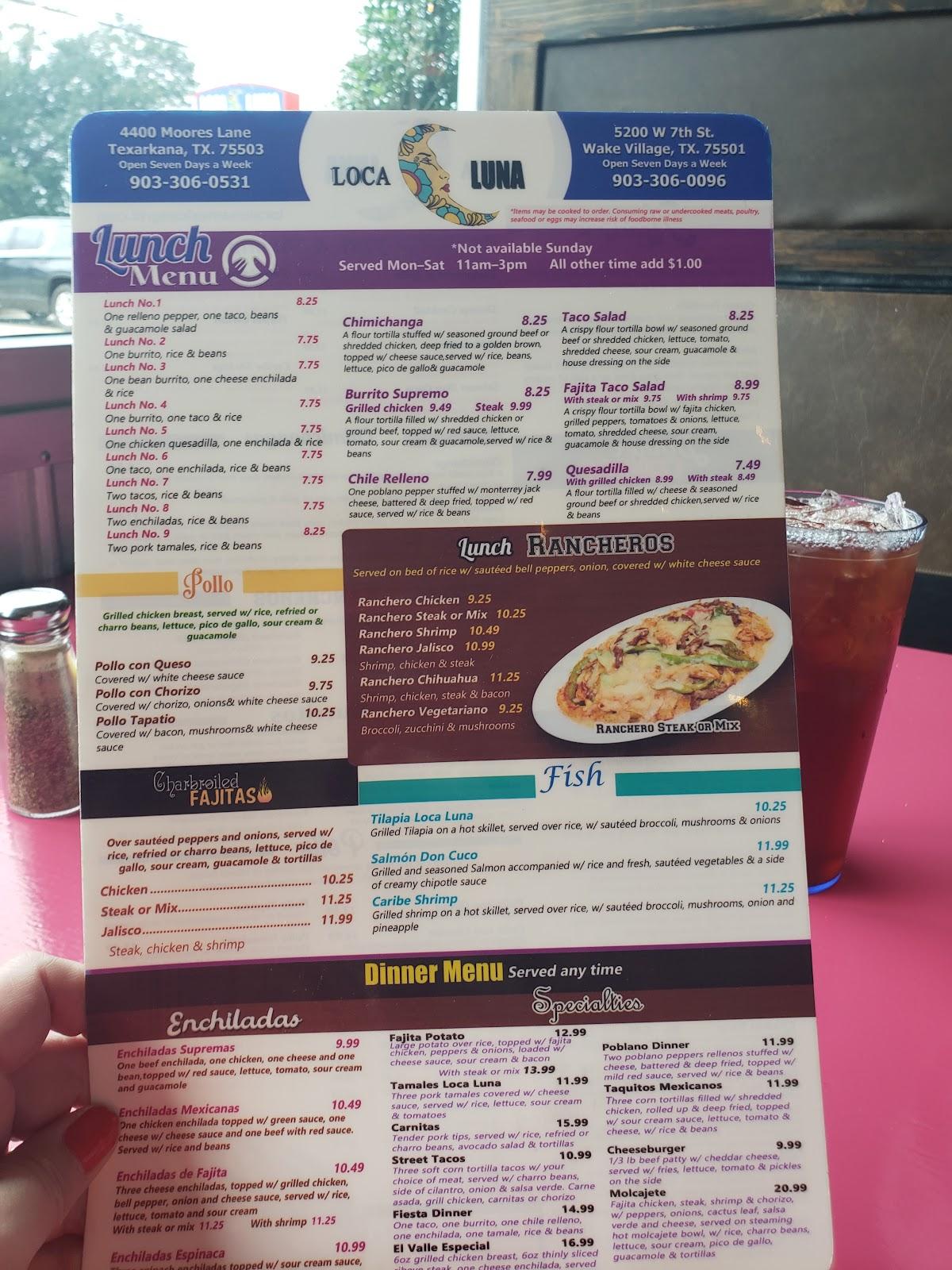 Menu at Loca Luna Mexican Grill restaurant, Wake Village