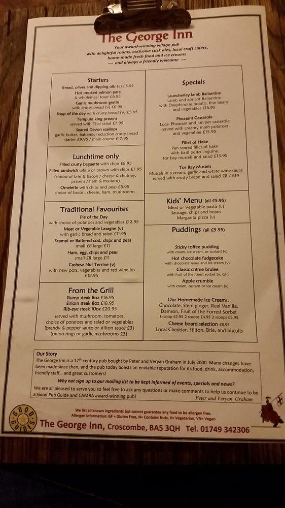 Menu at The George Inn, Norton St Philip pub & bar, Hinton Charterhouse