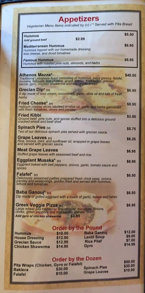 Menu at Athenos Greek & Lebanese Cafe - Brusly, Brusly, 504 N Vaughn Dr