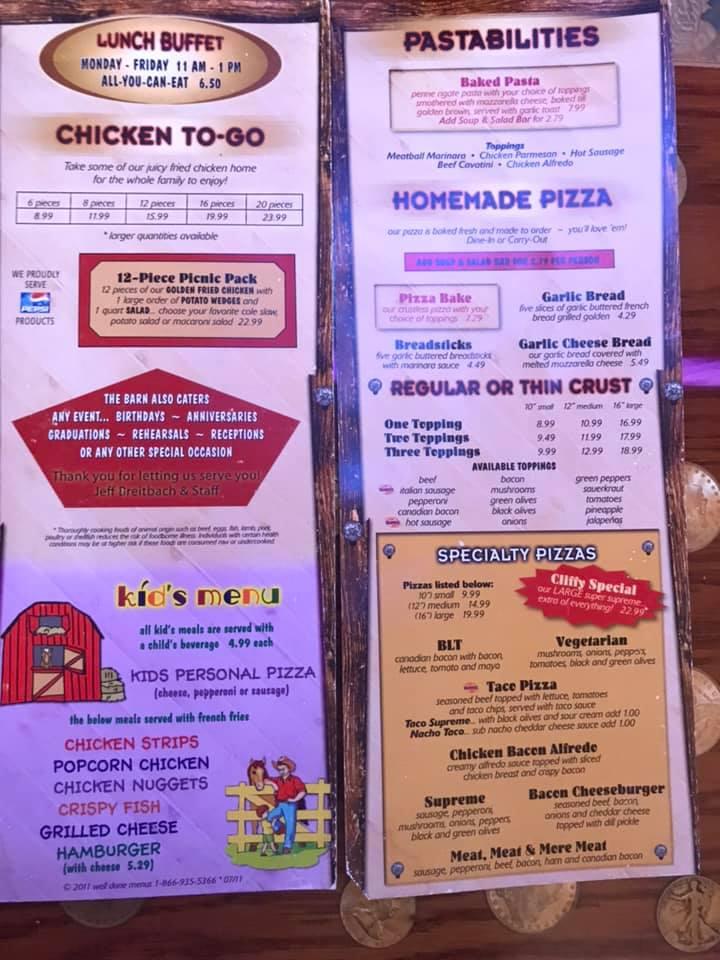 Menu at The Barn, Sherrill