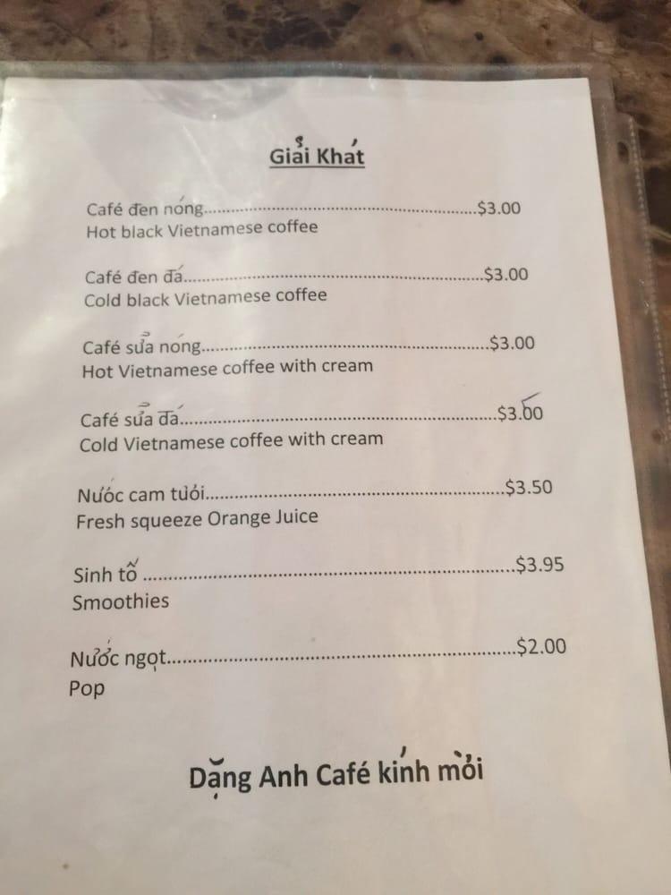 Menu at Cafe Dang Anh, Vancouver