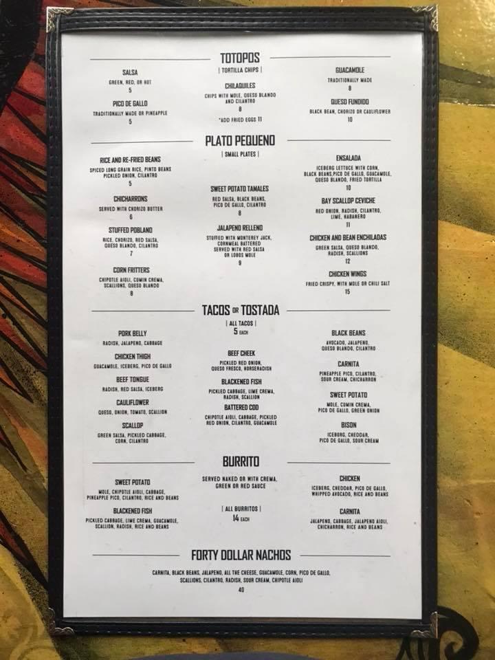 Menu at Los Lobos restaurant, London