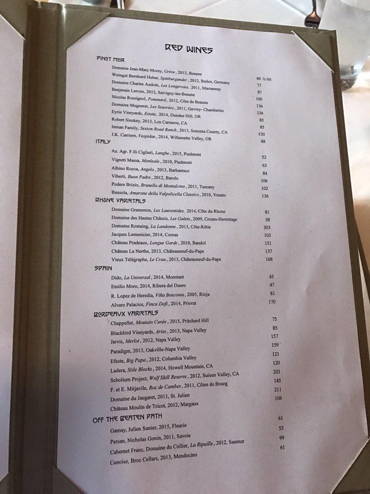 Menu at North Pond restaurant, Chicago