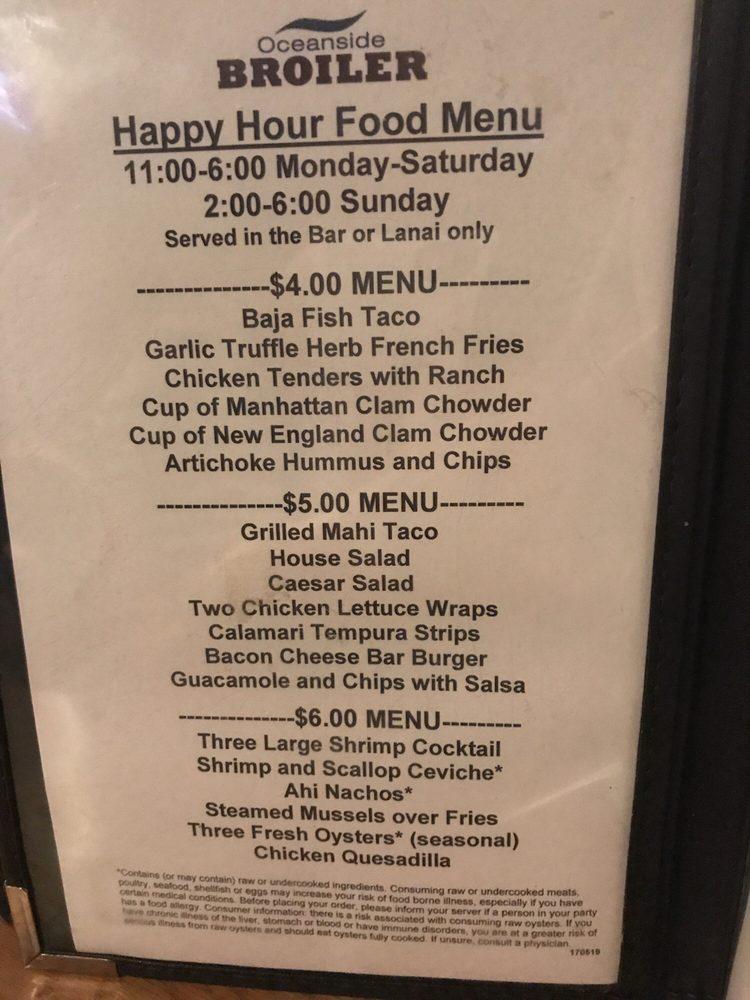 Menu at Oceanside Broiler steakhouse, Oceanside, N Harbor Dr N