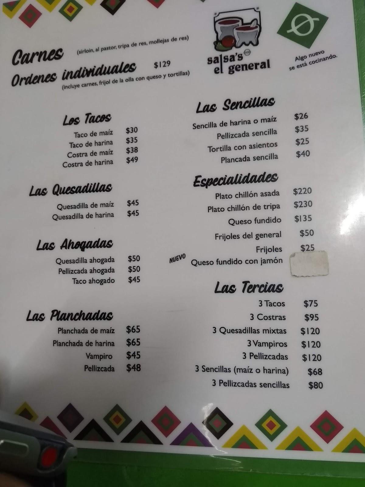 Carta del restaurante Salsas El General. Tacos Quesadillas Y Mas ...