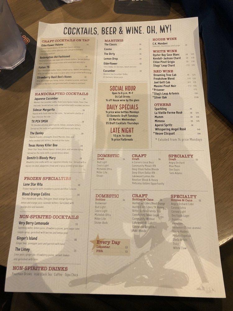 Carta del pub y bar Sidecar Social Addison, Dallas