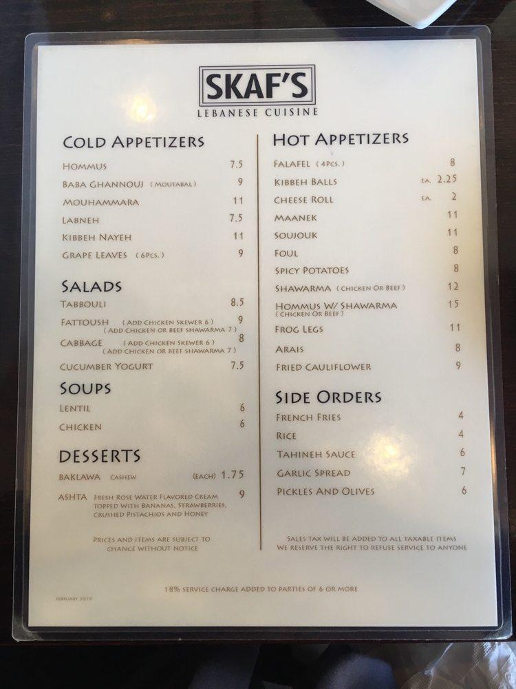 Menu at Skaf's Lebanese Cuisine restaurant, Glendale, 367 N Chevy Chase Dr