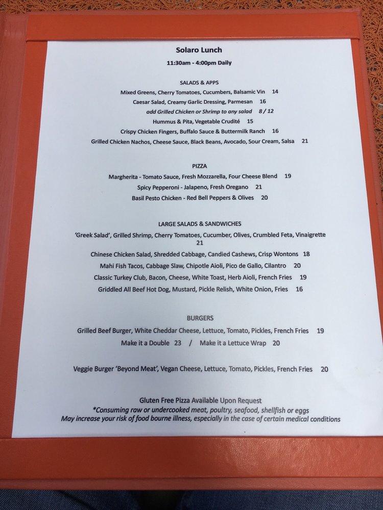Menu at Solaro Poolside pizzeria, Las Vegas