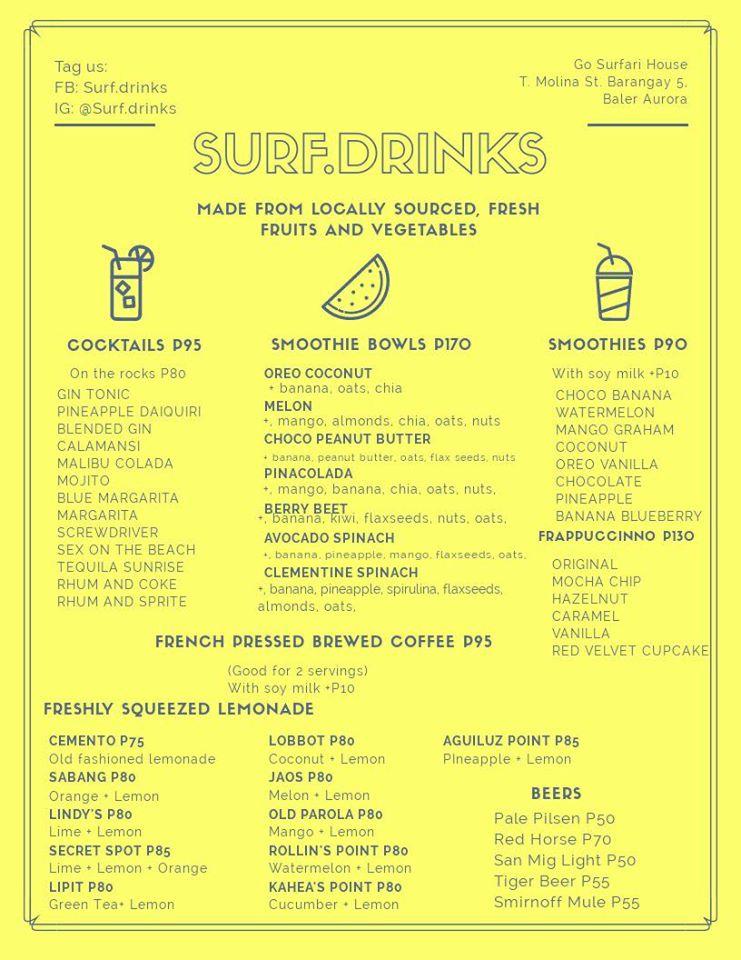 Menu at Surf.Drinks cafe, Baler