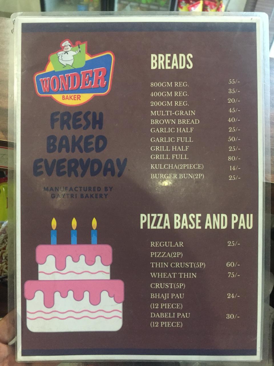 Menu at Wonder 2 Bakers, Surat, Satkar Apartment