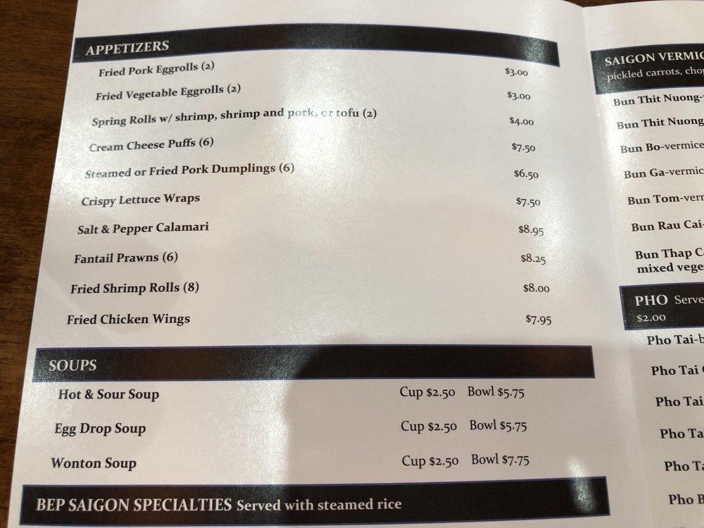 Menu at Bep Saigon restaurant, Austin