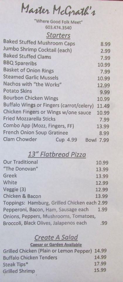 Menu at Master McGrath's pub & bar, Seabrook, 8 Batchelder Rd