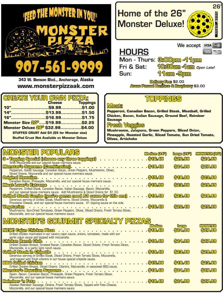 Menu at Monster Pizza pizzeria, Anchorage