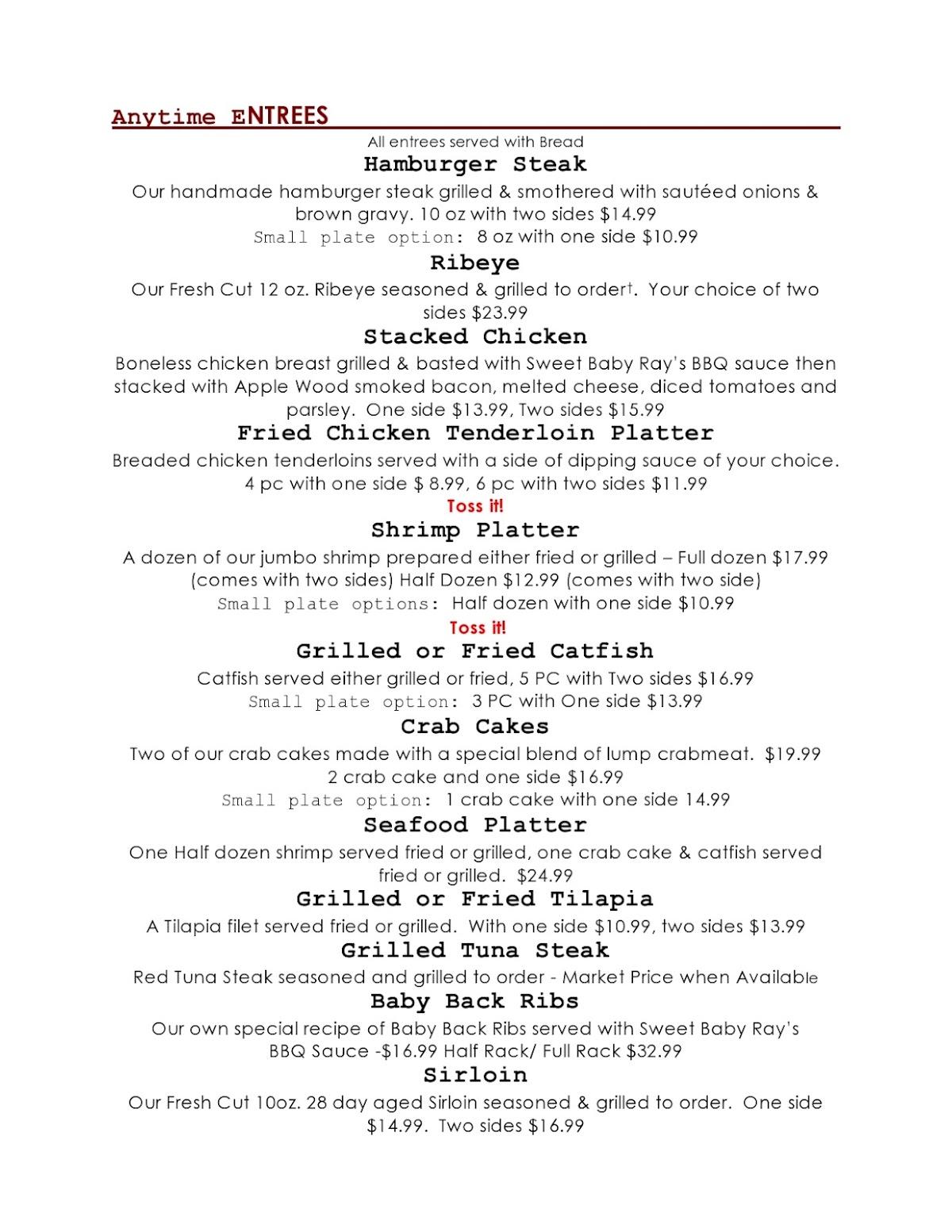 Menu at Sassy's Restaurant, Hurley