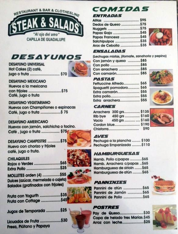 Menu at Steak & Salads steakhouse, Capilla de Guadalupe