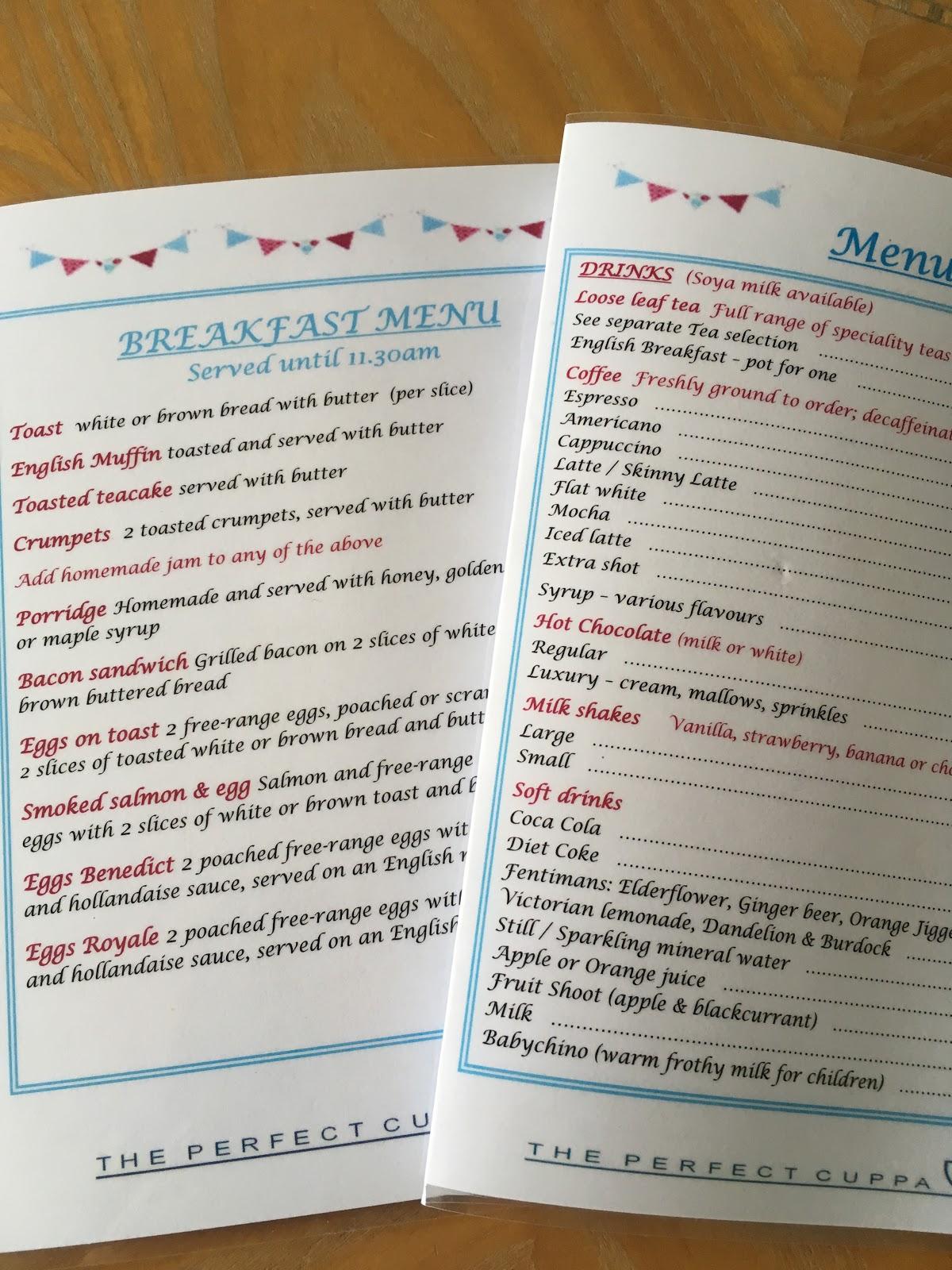 Menu at The Perfect Cuppa cafe, Belper