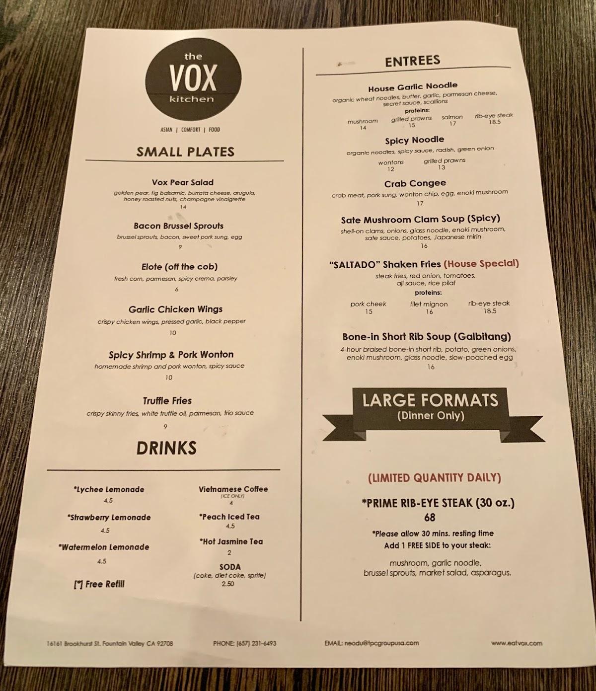 Menu at The Vox Kitchen restaurant, Fountain Valley