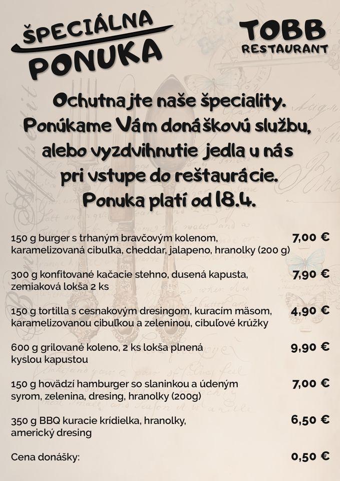Menu at Tobb restaurant, Stará Myjava