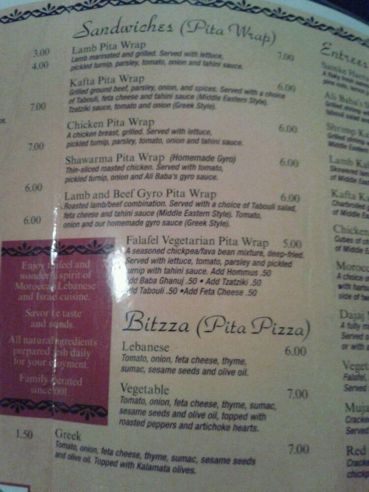 Menu at Ali Baba Mid Eastern Restaurant, Newark
