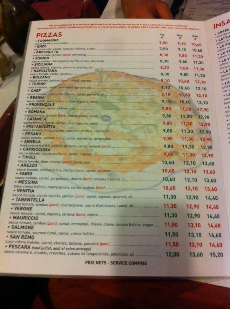 Menu at La Pastasciutta pizzeria, Toulouse