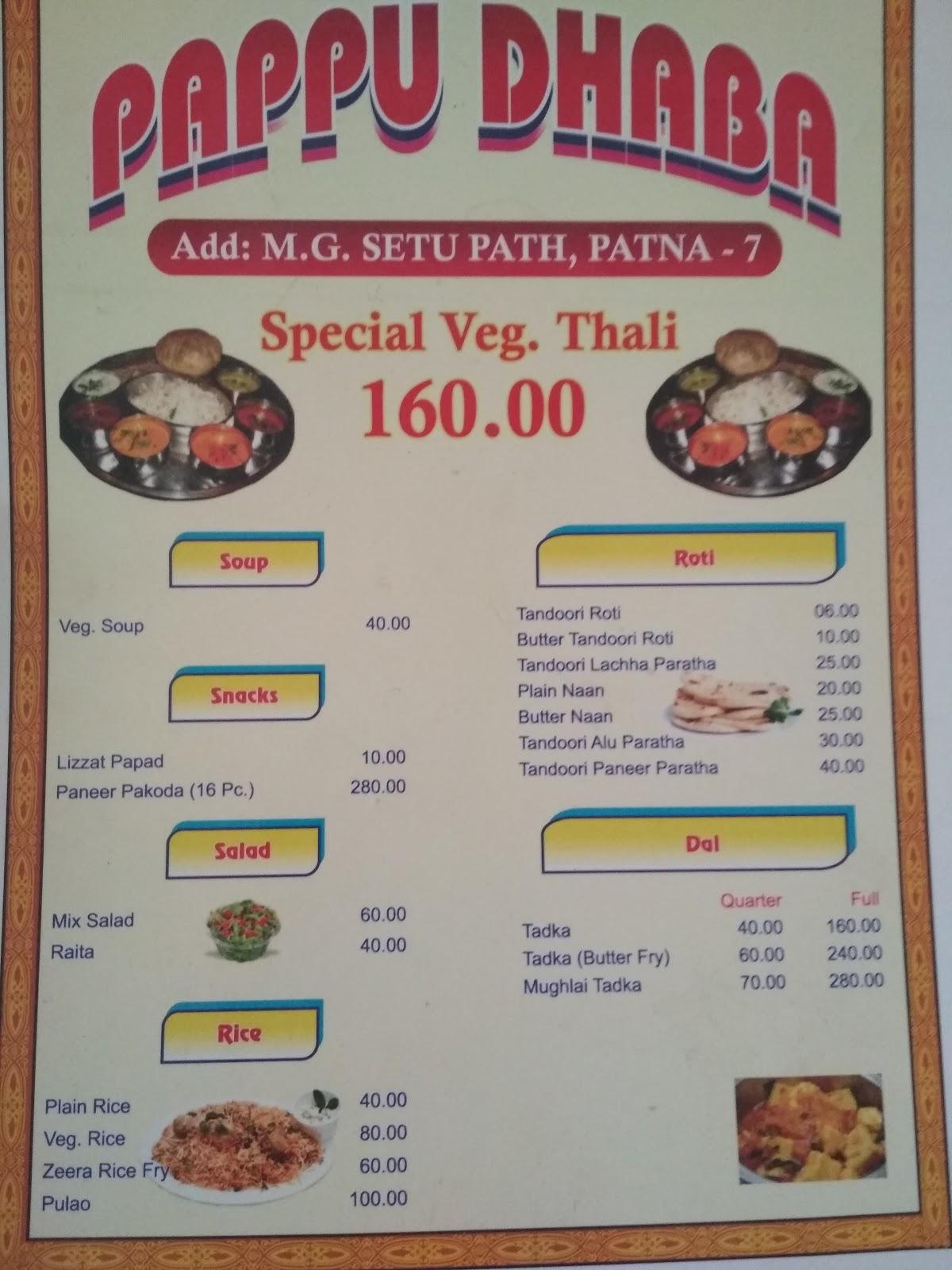 Menu at Pappu dhaba, Patna