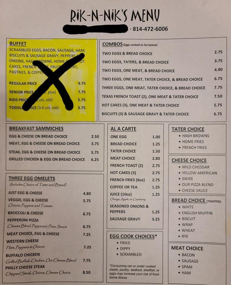 Menu at Rik-N-Nik's Pizza pizzeria, Ebensburg