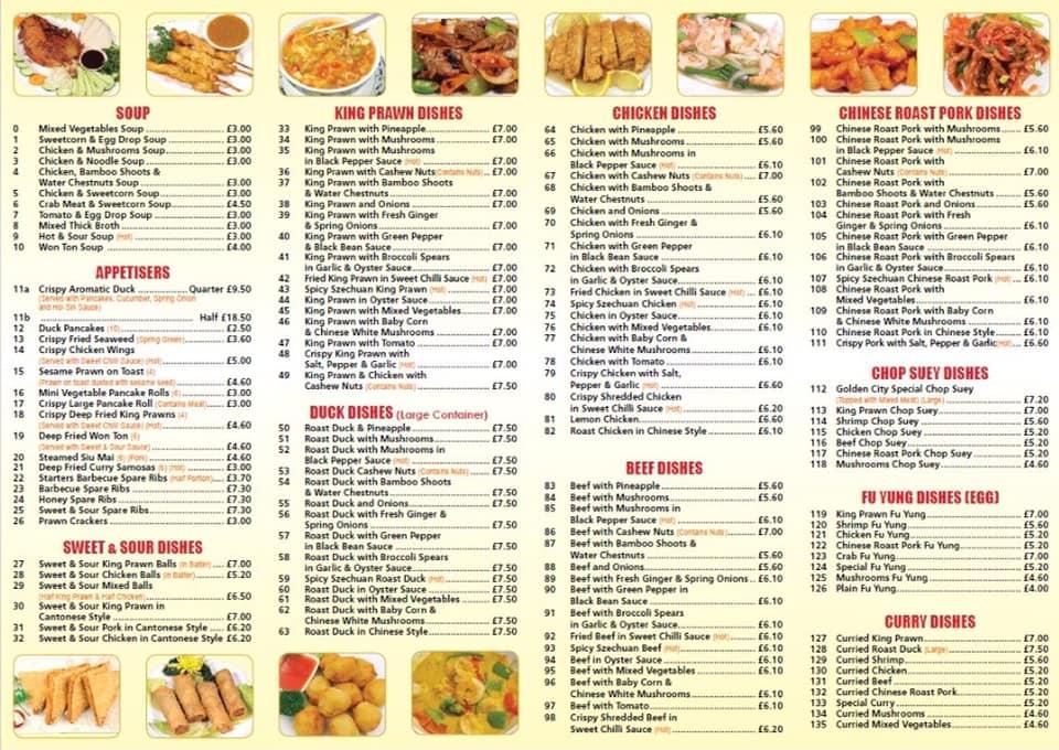 Menu at The Golden City restaurant, Spalding