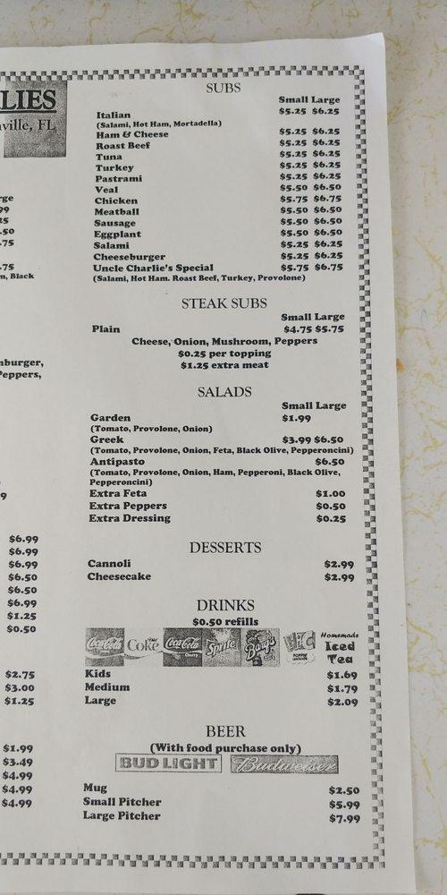 Menu at Uncle Charlie's Sandwiches Inc pizzeria, Jacksonville