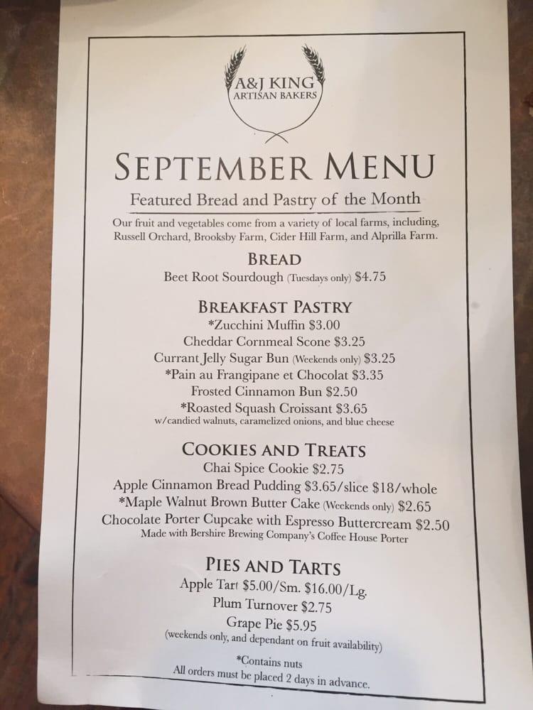 Menu at A & J King Artisan Bakers cafe, Salem, 48 Central St