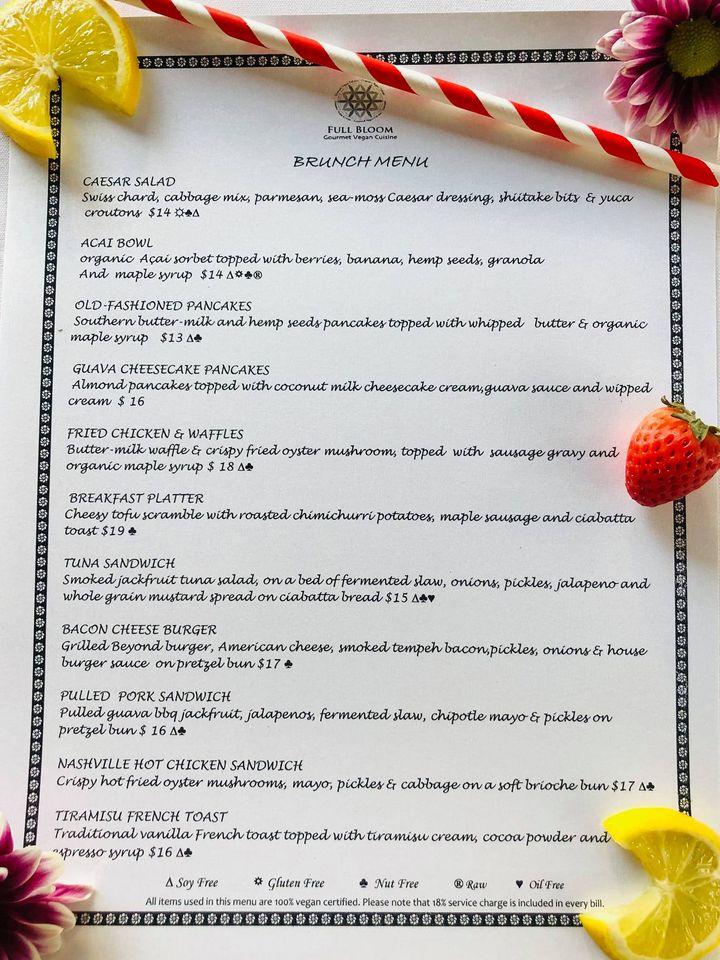 Menu at Full Bloom Vegan pub & bar, Miami Beach, James Ave