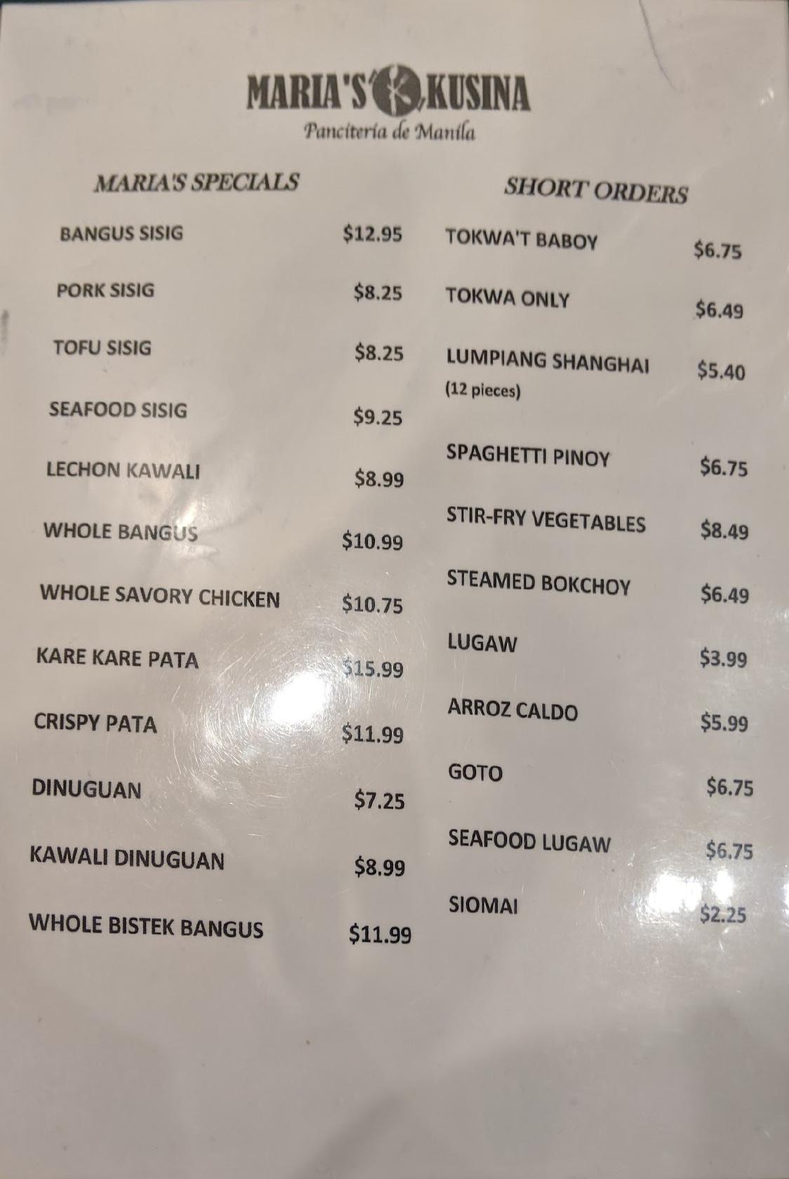 Menu at Maria's Kusina restaurant, Buena Park