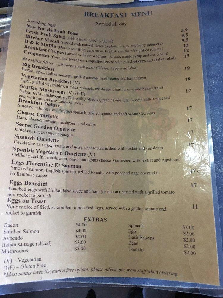 Menu at Secret Garden Cafe & Patisserie, South Perth, 64 Angelo St