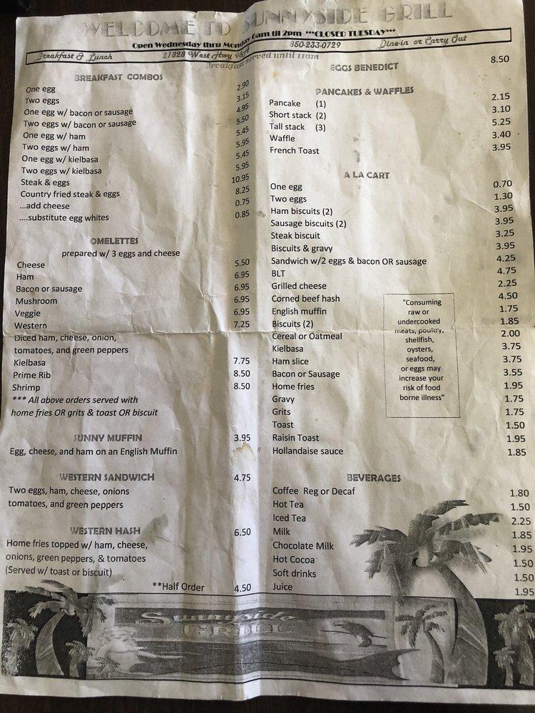 Menu at Sunnyside Grill restaurant, Panama City Beach