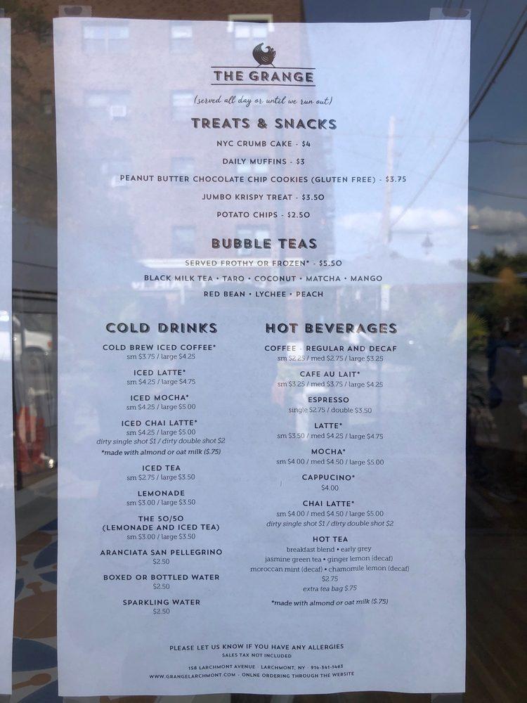 Menu at The Grange restaurant, Larchmont