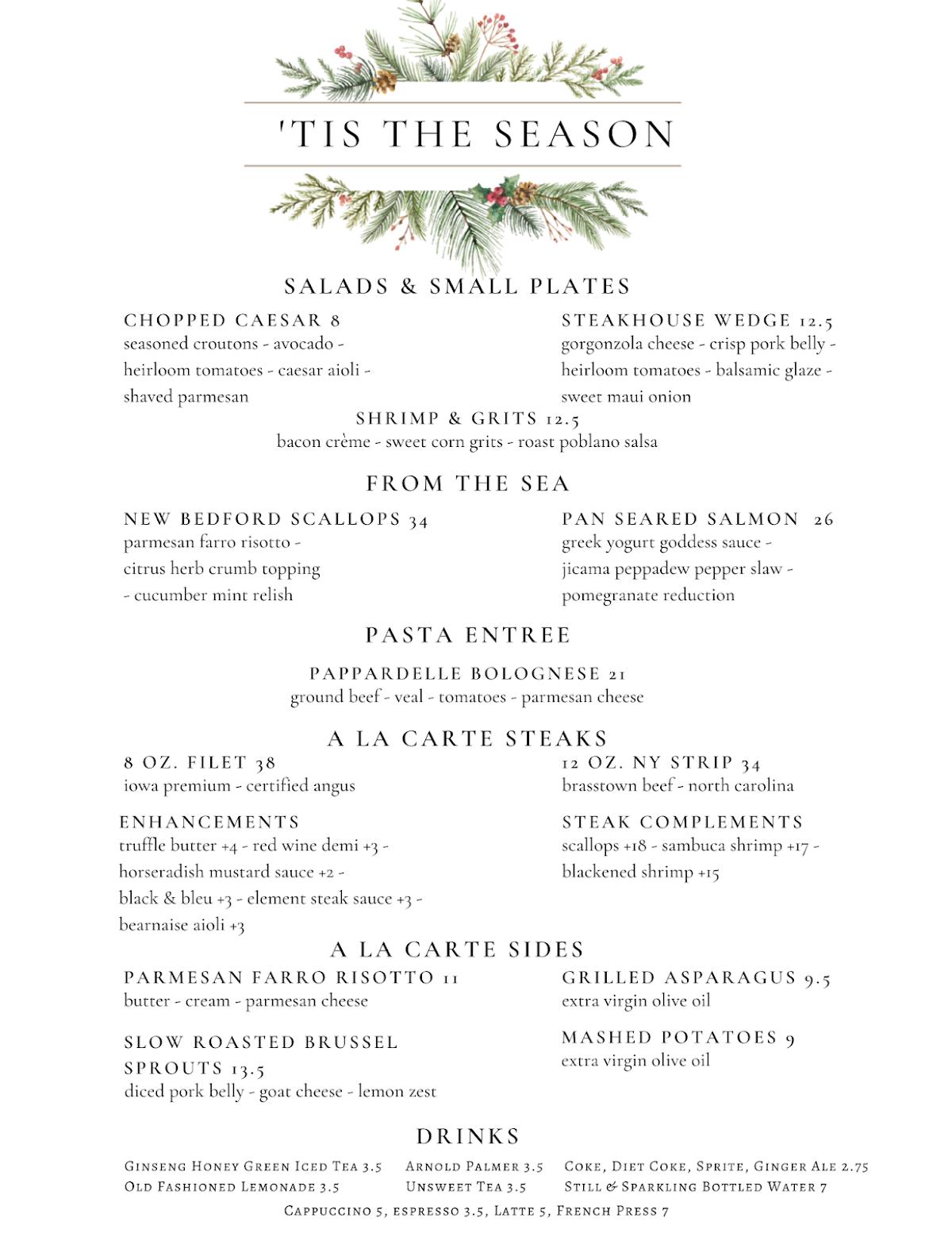 Menu at element steak. seafood. pasta. pub & bar, Sarasota