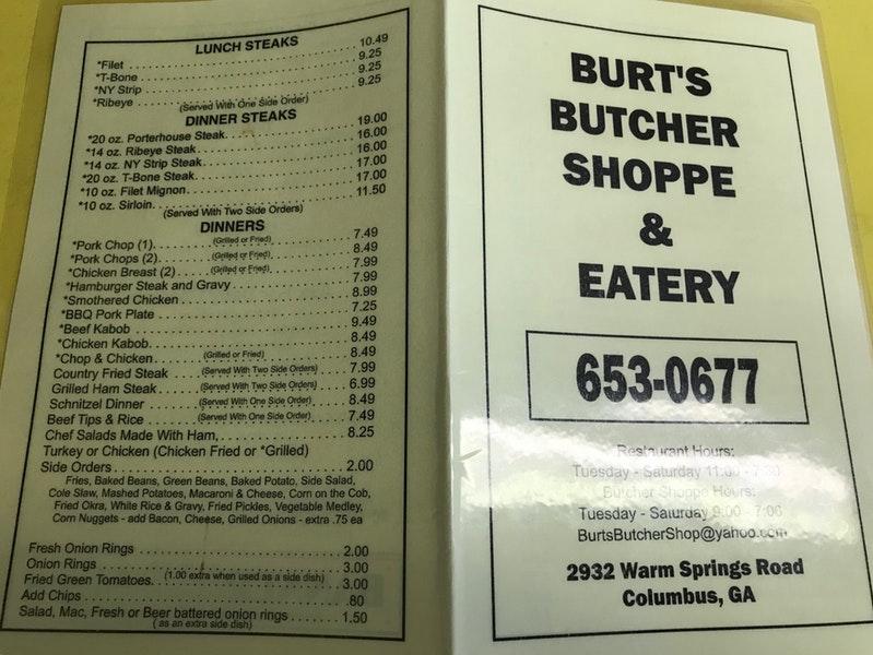 Menu at Burts Butcher Shoppe restaurant, Columbus