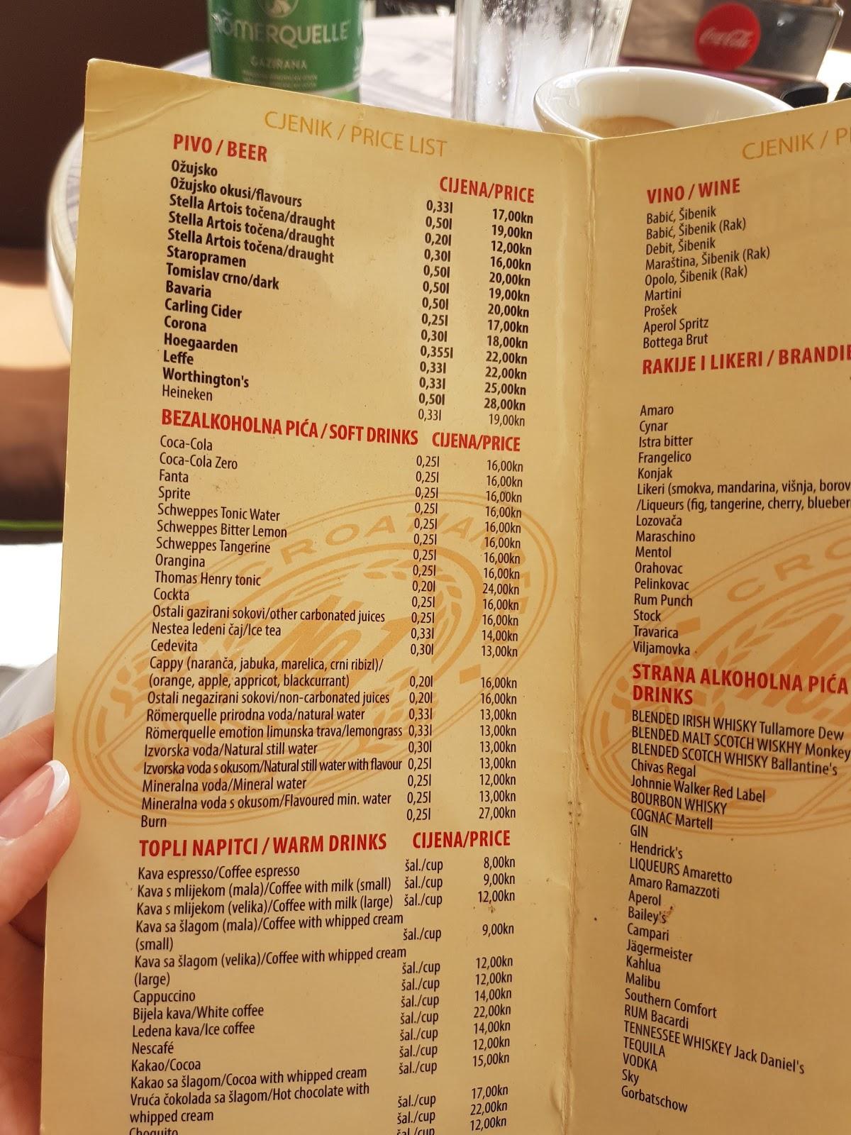 Menu da Caffe bar Harmonija, Sibenico