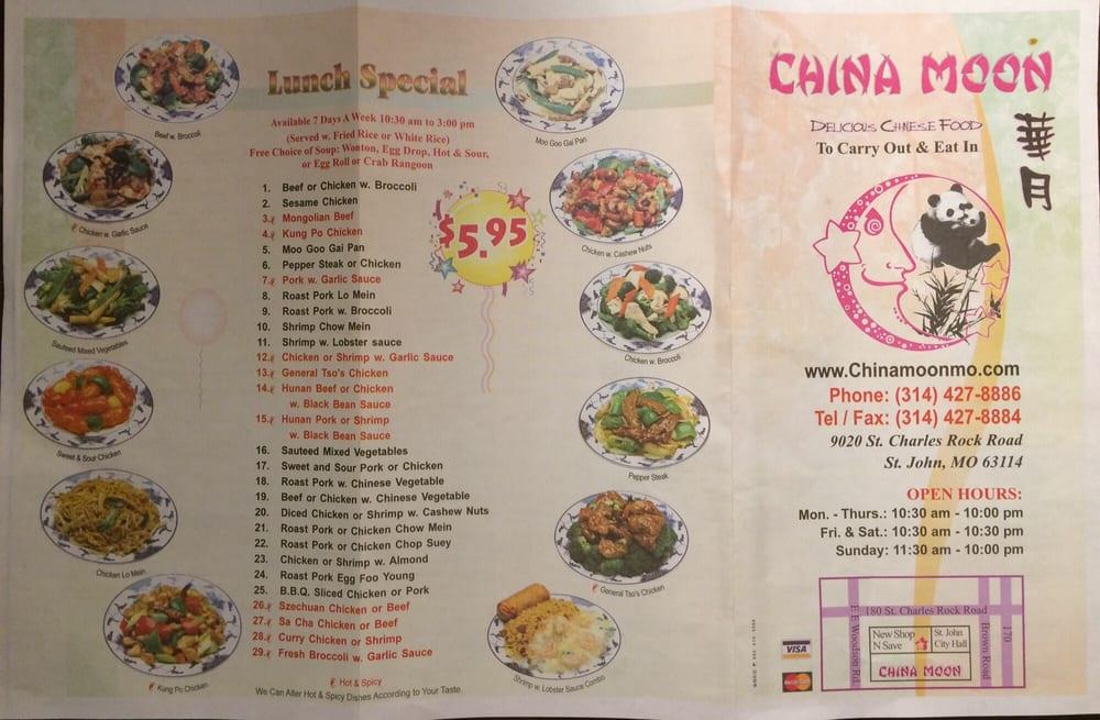 Menu at China Moon restaurant, Saint John, St Charles Rock Rd