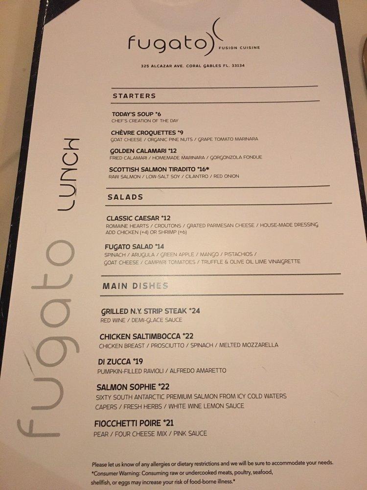 Menu at Fugato restaurant, Coral Gables