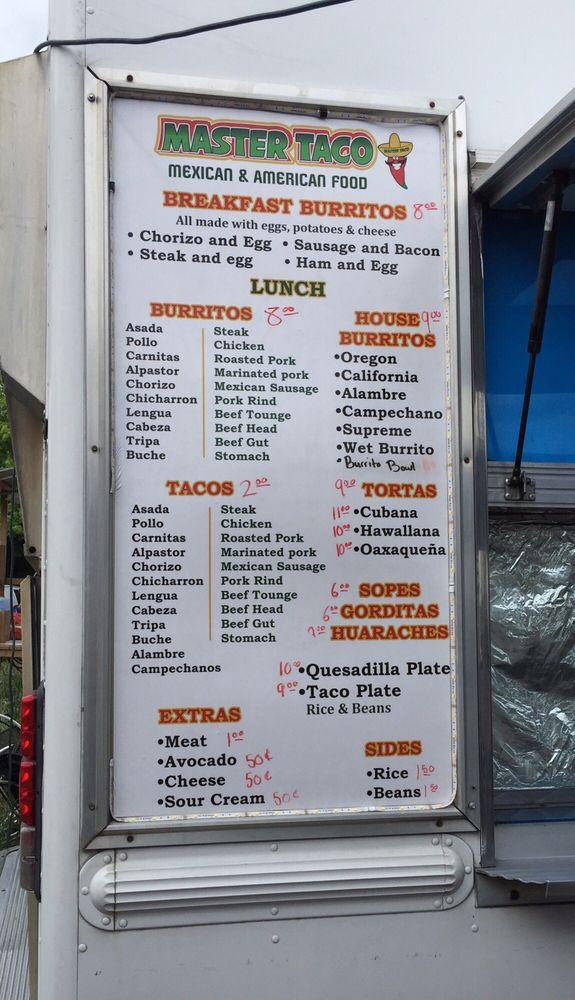Menu at Master Taco restaurant, Beaverton